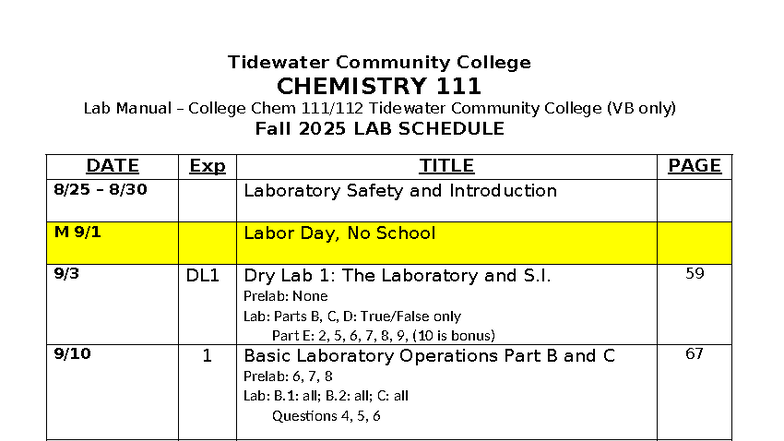 CHM 111 Lab Schedule Fall 2025 - Tidewater Community College - Studocu