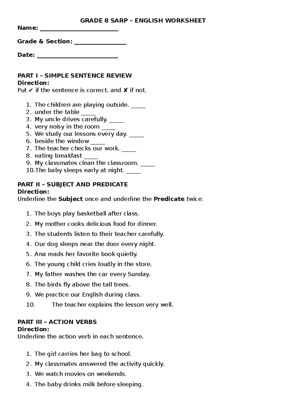 Grade 8 SARP - English Worksheet: Simple Sentences & Action Verbs - Studocu