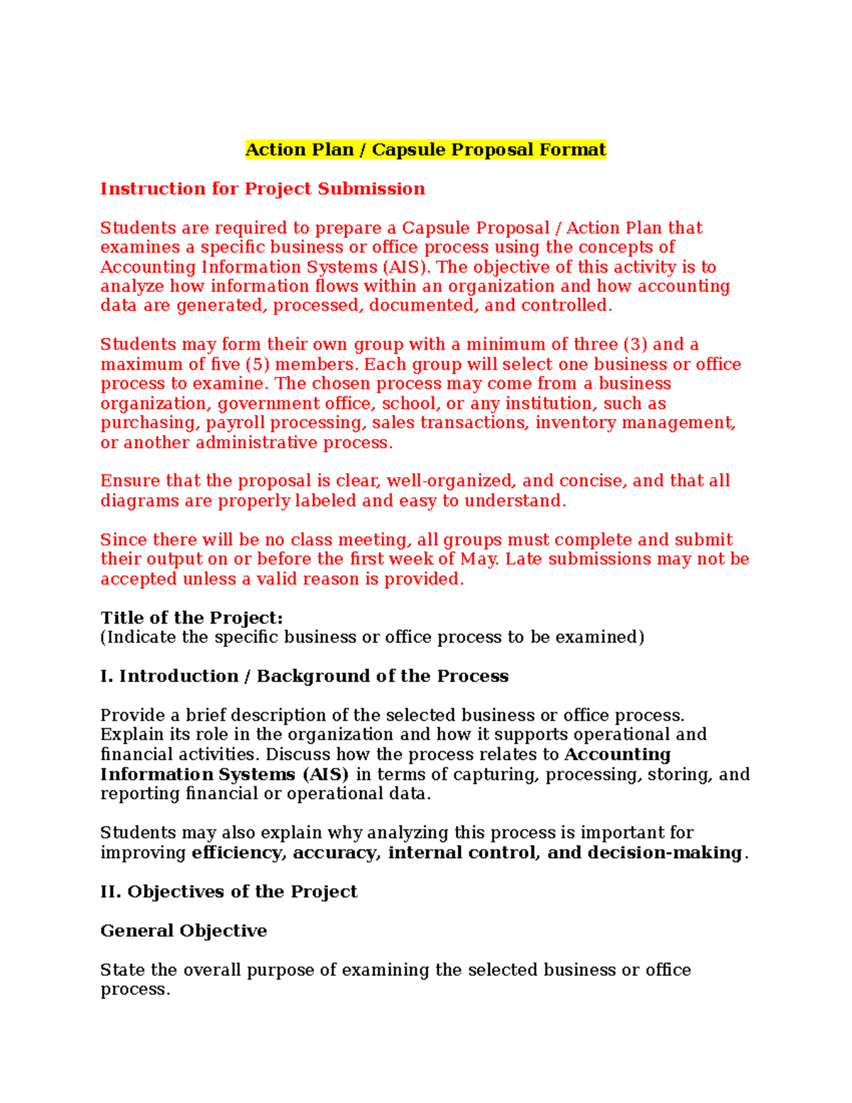 AIS 101: Action Plan Capsule Proposal Format for Project Submission ...