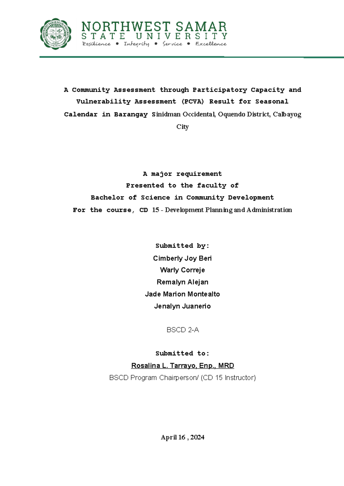 PC 15: Community Seasonal Calendar Assessment for Barangay Sinidman ...