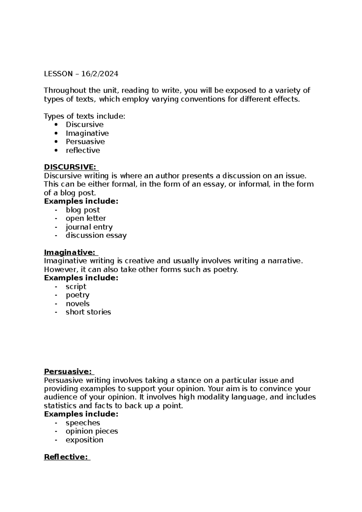 LESSON: Exploring Text Types - Discursive, Imaginative, Persuasive ...