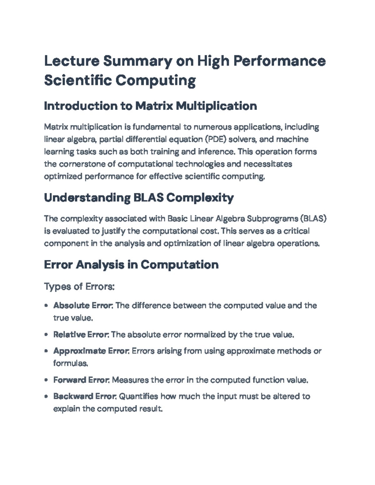 High Performance Scientific Computing: Matrix Multiplication & Error ...