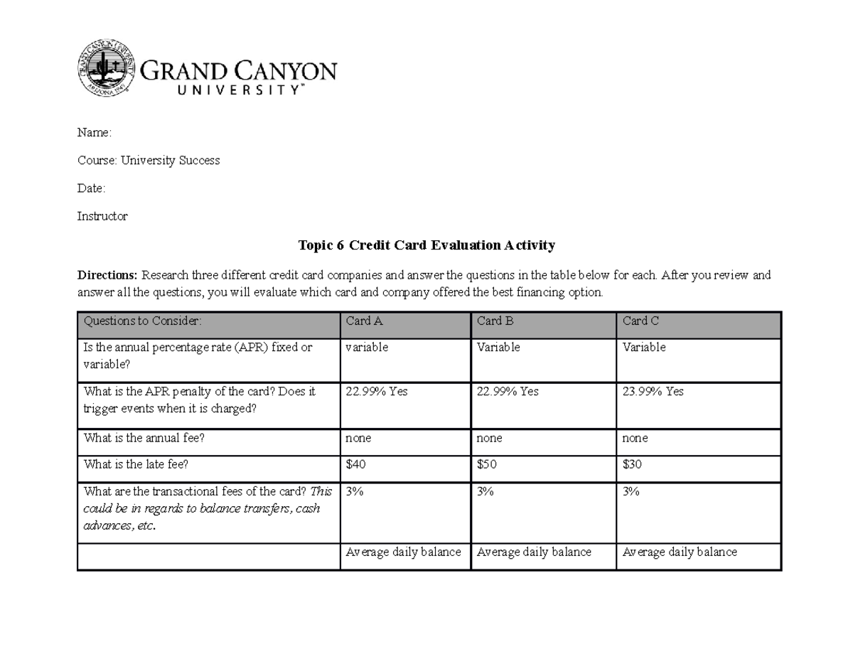 University Success: Credit Card Evaluation Activity Assignment - Studocu