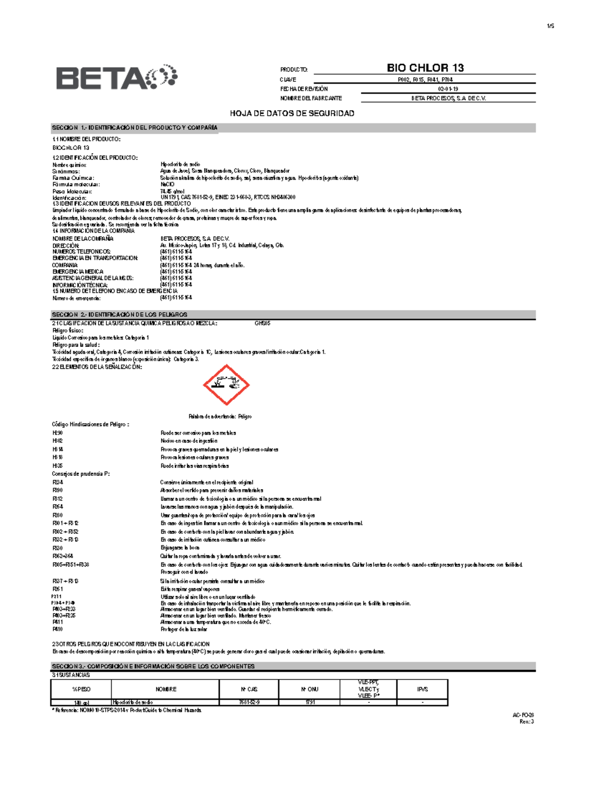 Biochlor 13 - Ficha de Datos de Seguridad (Hoja SDS) - Studocu