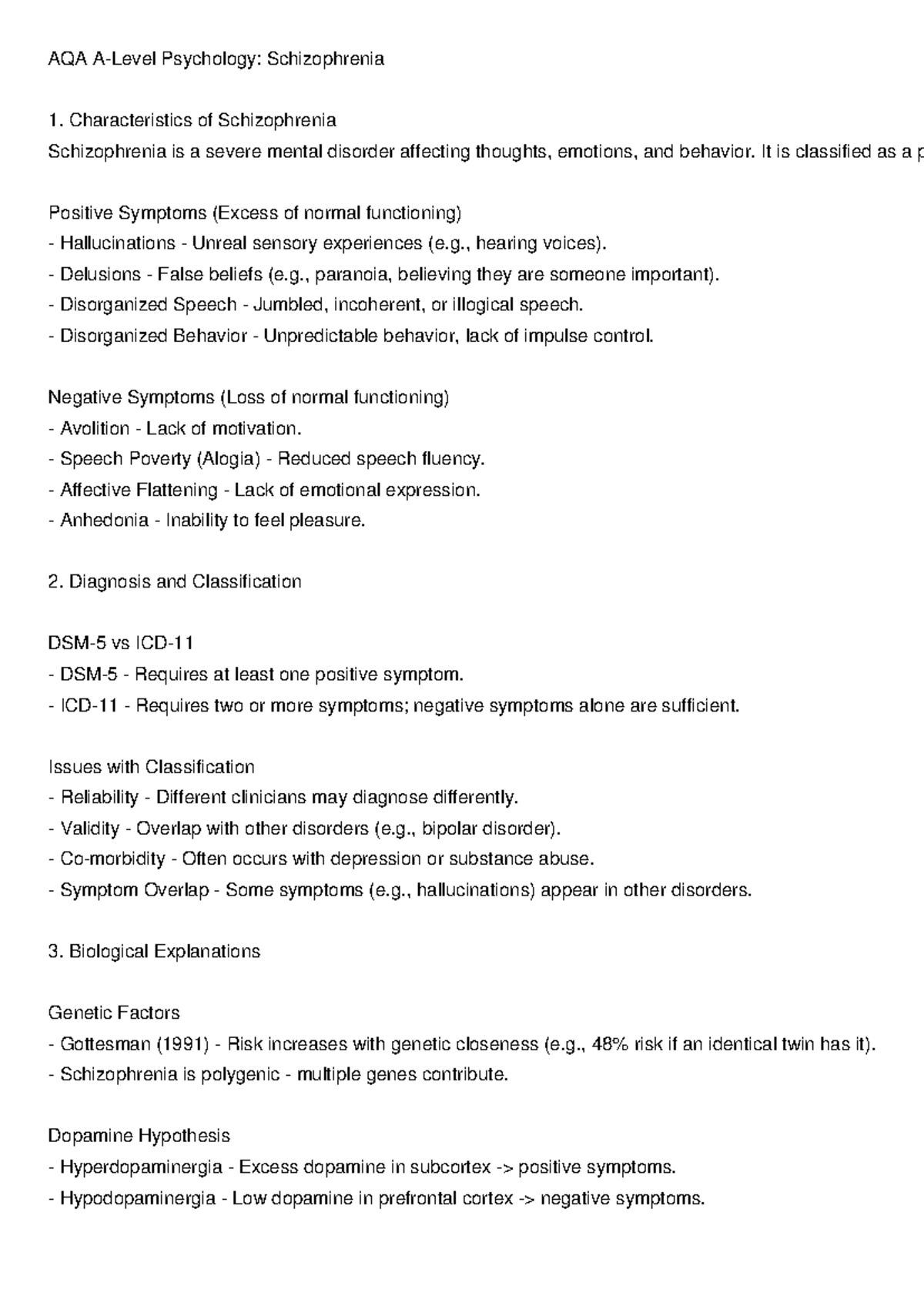 AQA Psychology: Schizophrenia - Comprehensive Study Notes - Studocu