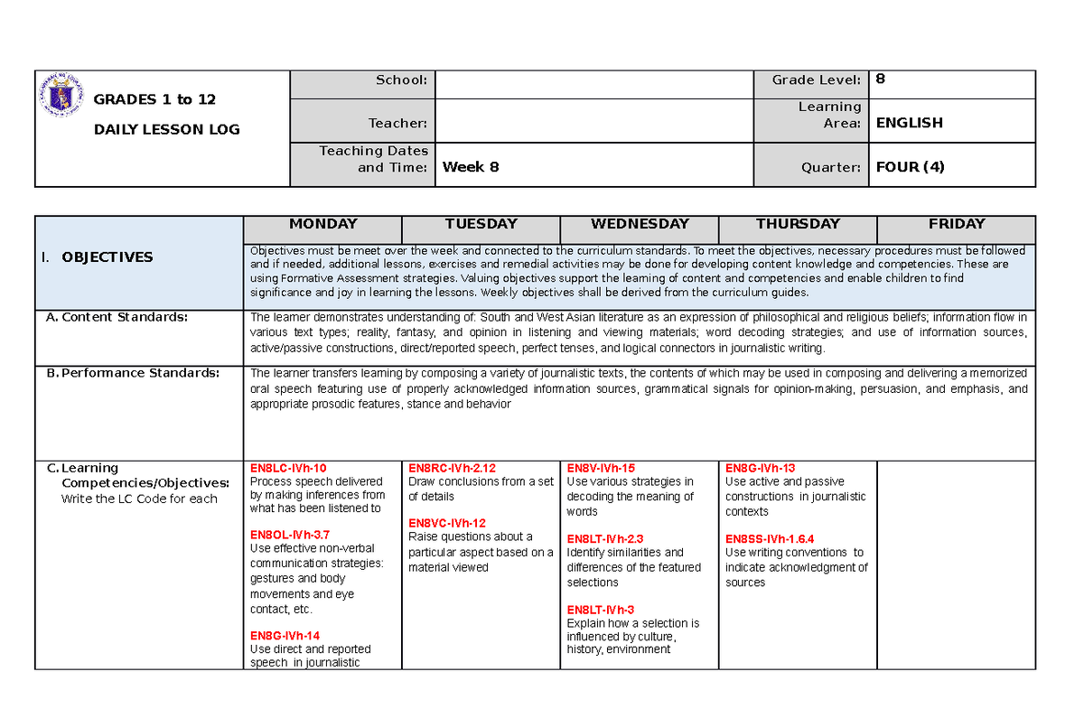 DLL-Eng8-4th Q-Wk8: Weekly Lesson Plan & Objectives for English 8 - Studocu