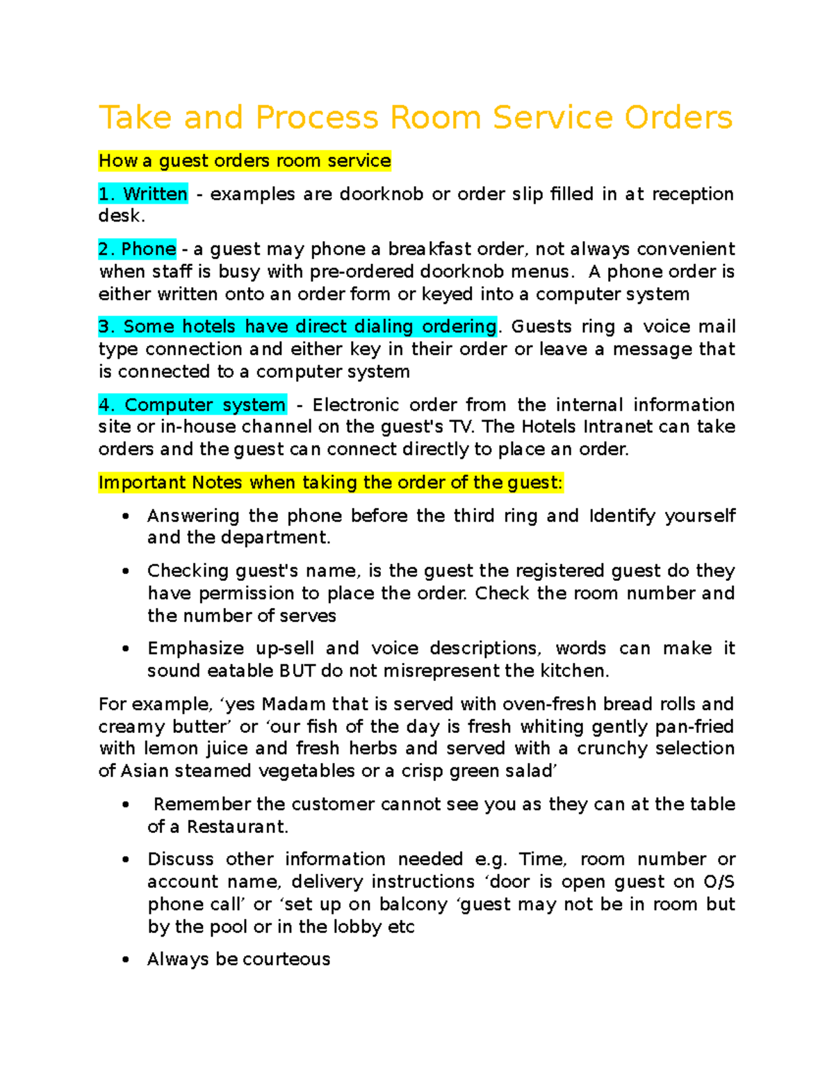 Take and Process Room Service Orders - Food and Beverage Services - Studocu