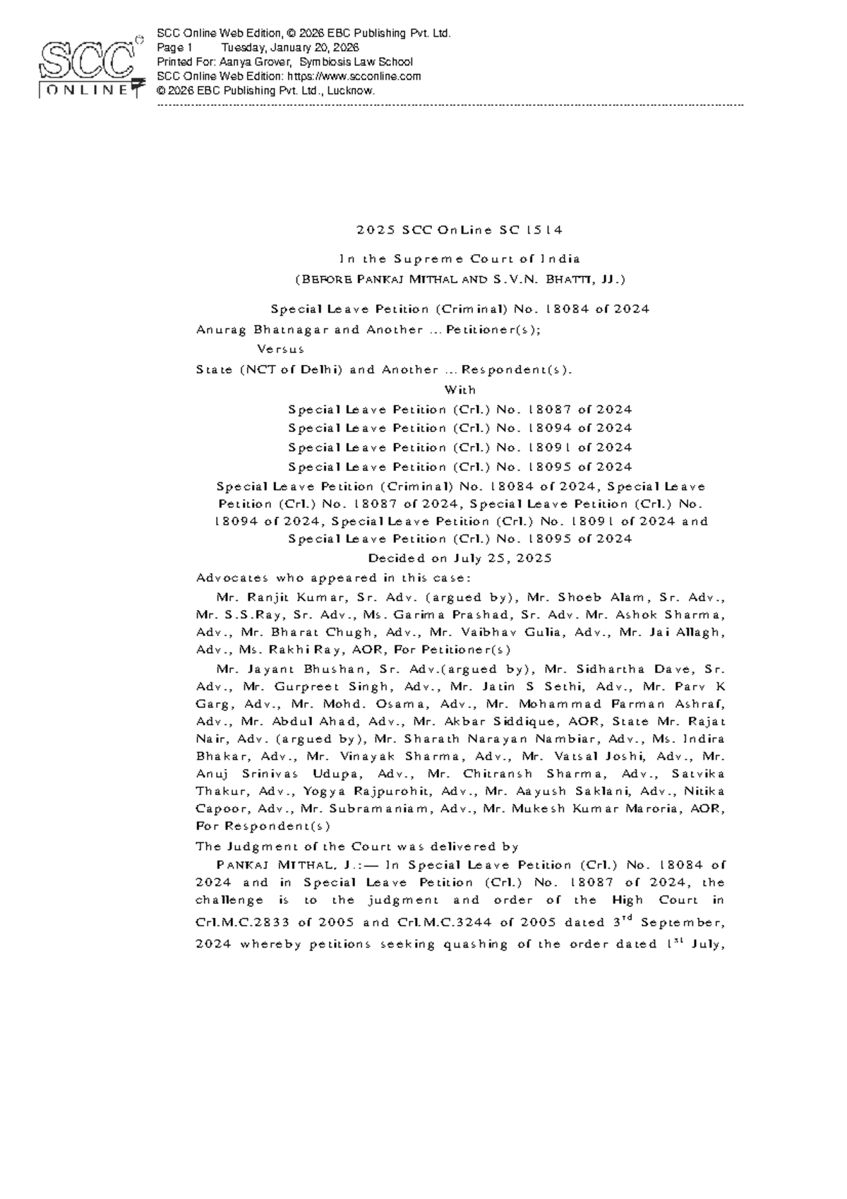 SCC Online Case Study: Anurag Bhatnagar v. State (NCT of Delhi) 2025 ...