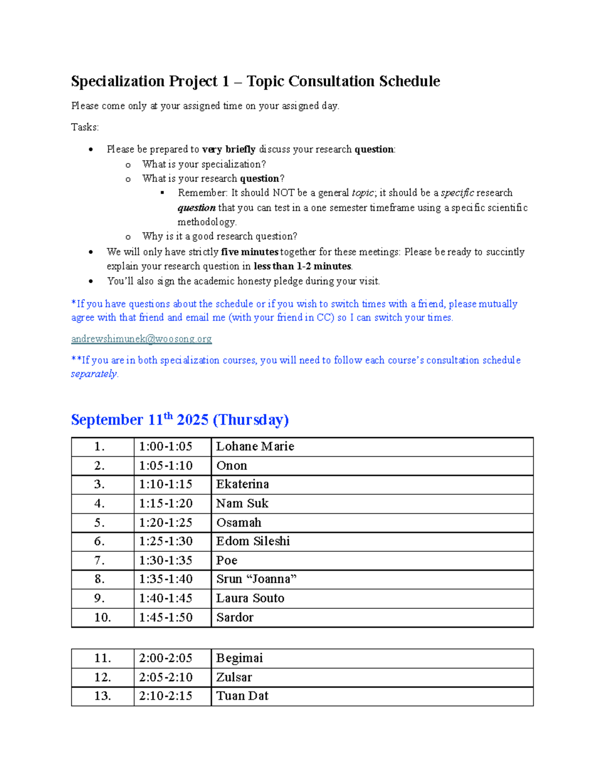 Specialization Project 1 Consultation Schedule - Revised - Studocu