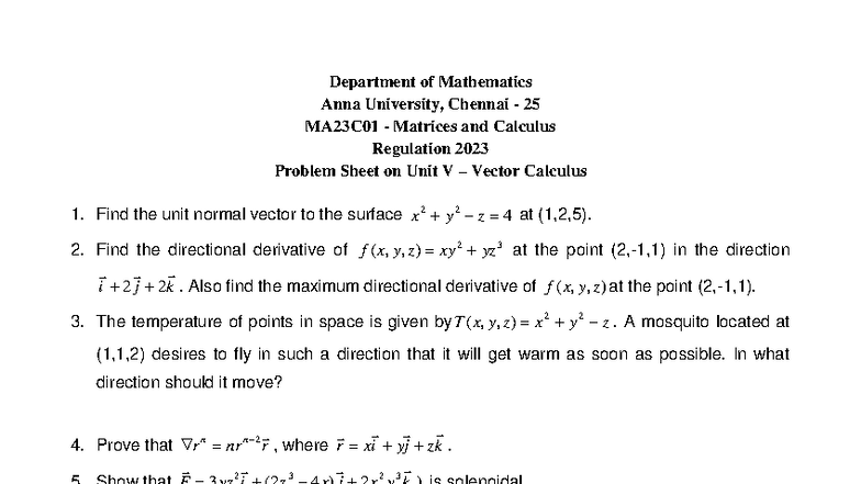 MA23C01 Matrices and Calculus: Unit V Vector Calculus Problem Sheet ...