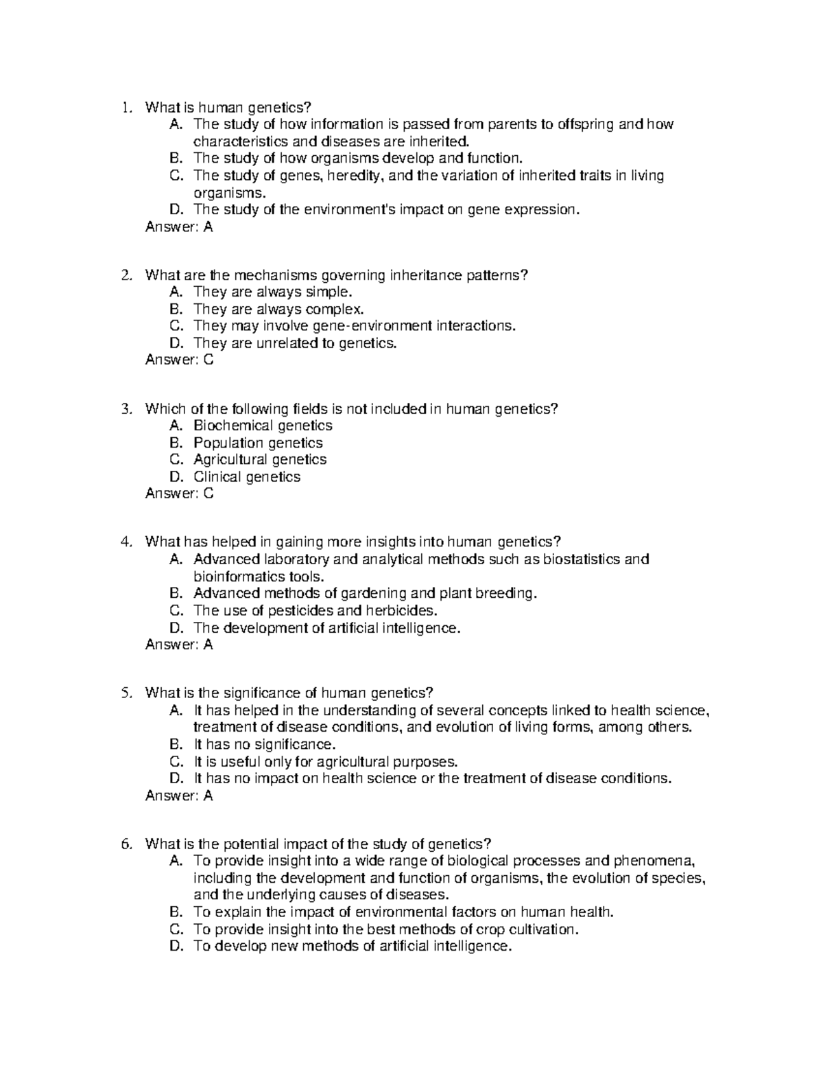 Bio 101: Human Genetics Practice Questions and Answers - Studocu