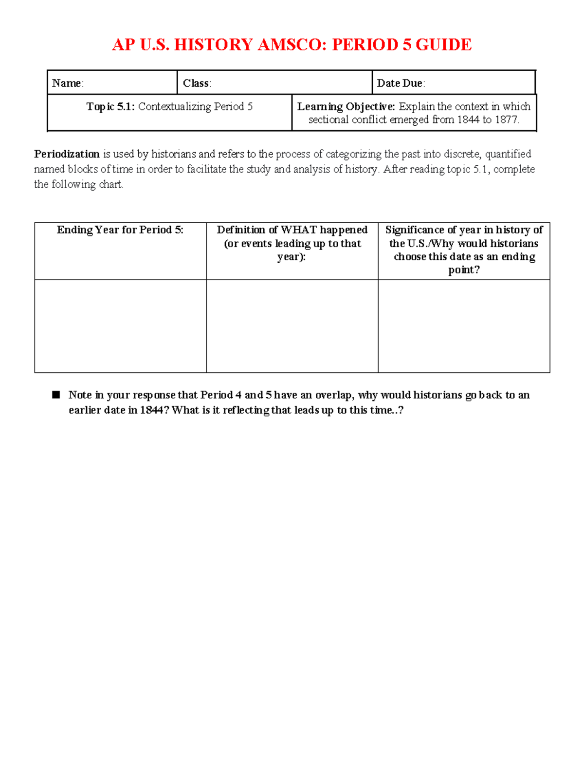 Amsco Unit 5 2022 Study Guide: Sectional Conflict & Civil War Events ...