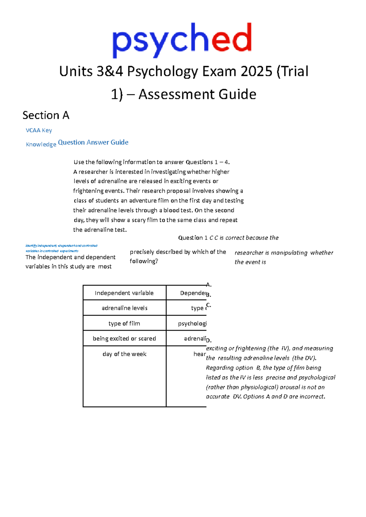 Psyched Units 3&4 Exam 2025 (Trial 1) - Comprehensive Assessment Guide ...