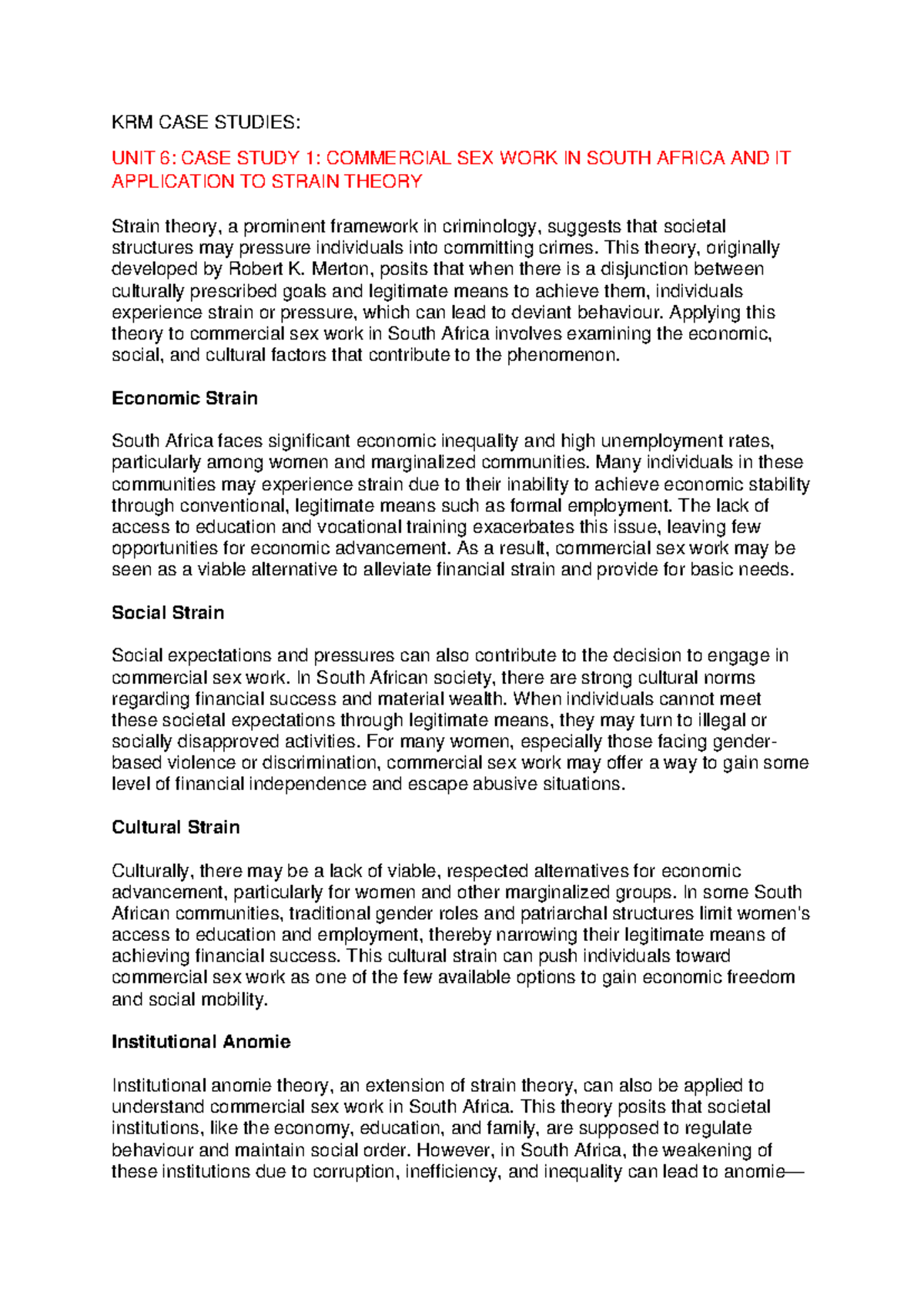 KRM CASE STUDIES: Criminology Exam Essays on Social Theories - Studocu