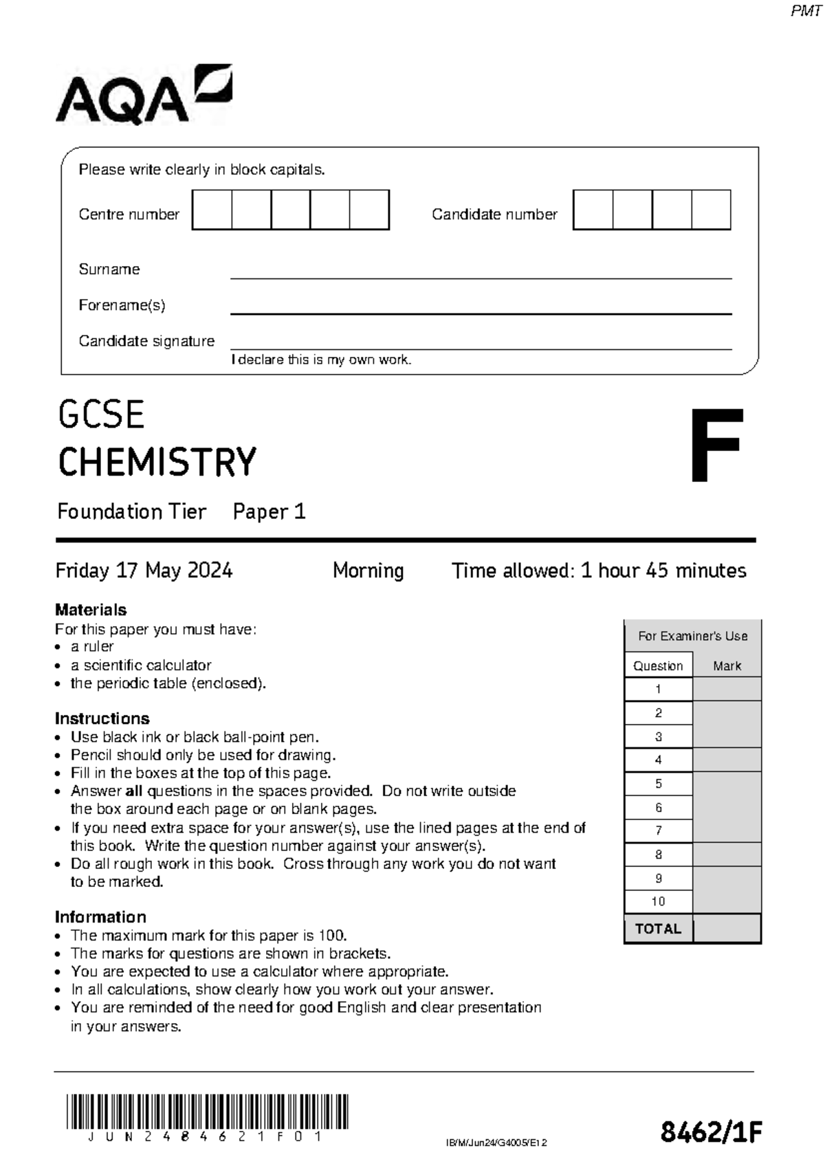 GCSE CHEMISTRY F Paper 1 - June 2024 Past Exam Questions - Studocu