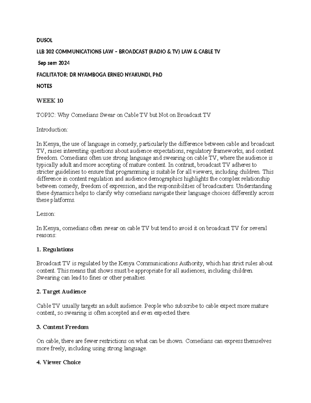 Notes Weeks 10 11 - DUSOL LLB 302 COMMUNICATIONS LAW – BROADCAST (RADIO ...