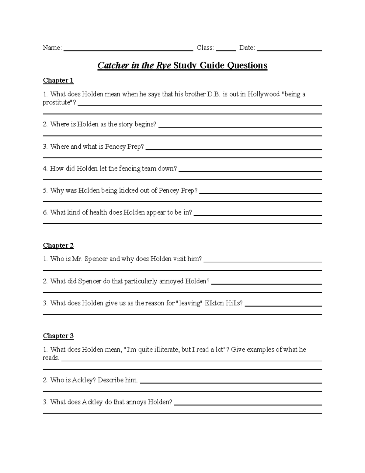 Catcher in the Rye Study Guide Questions: Chapters 1-26 (ENG 24-25 ...