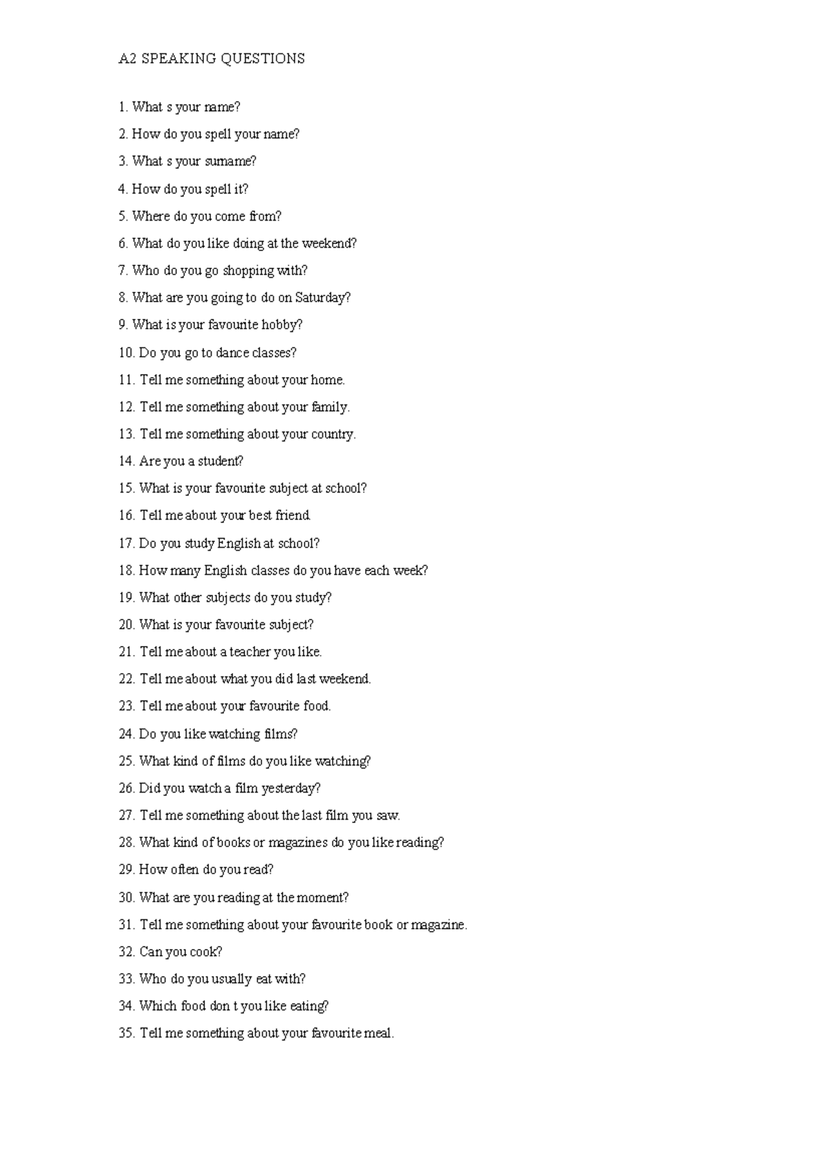 A2 SPEAKING QUESTIONS - Taller Practice Guide - Studocu