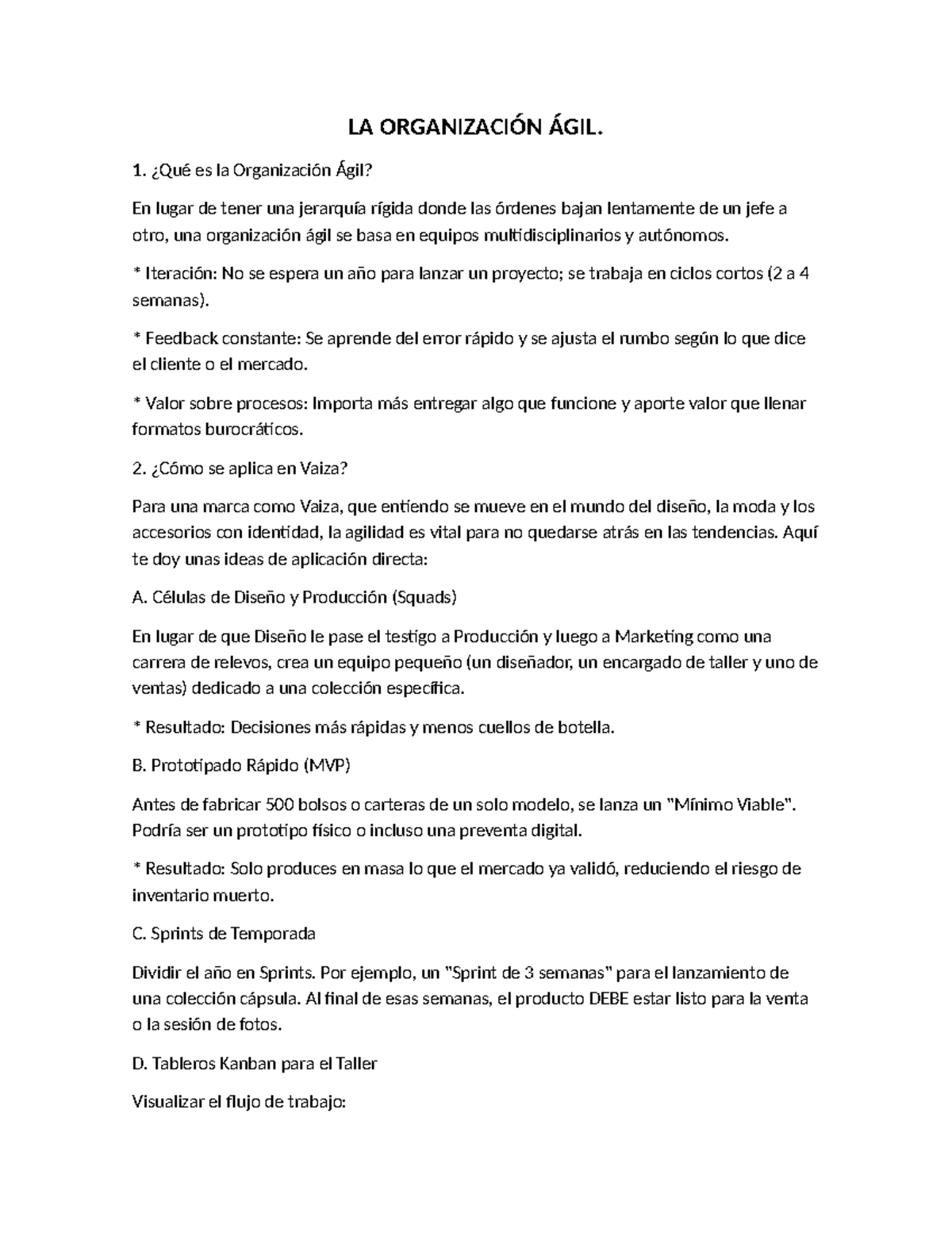 LA ORGANIZACIÓN ÁGIL: Definición y Aplicación en Vaiza - Studocu