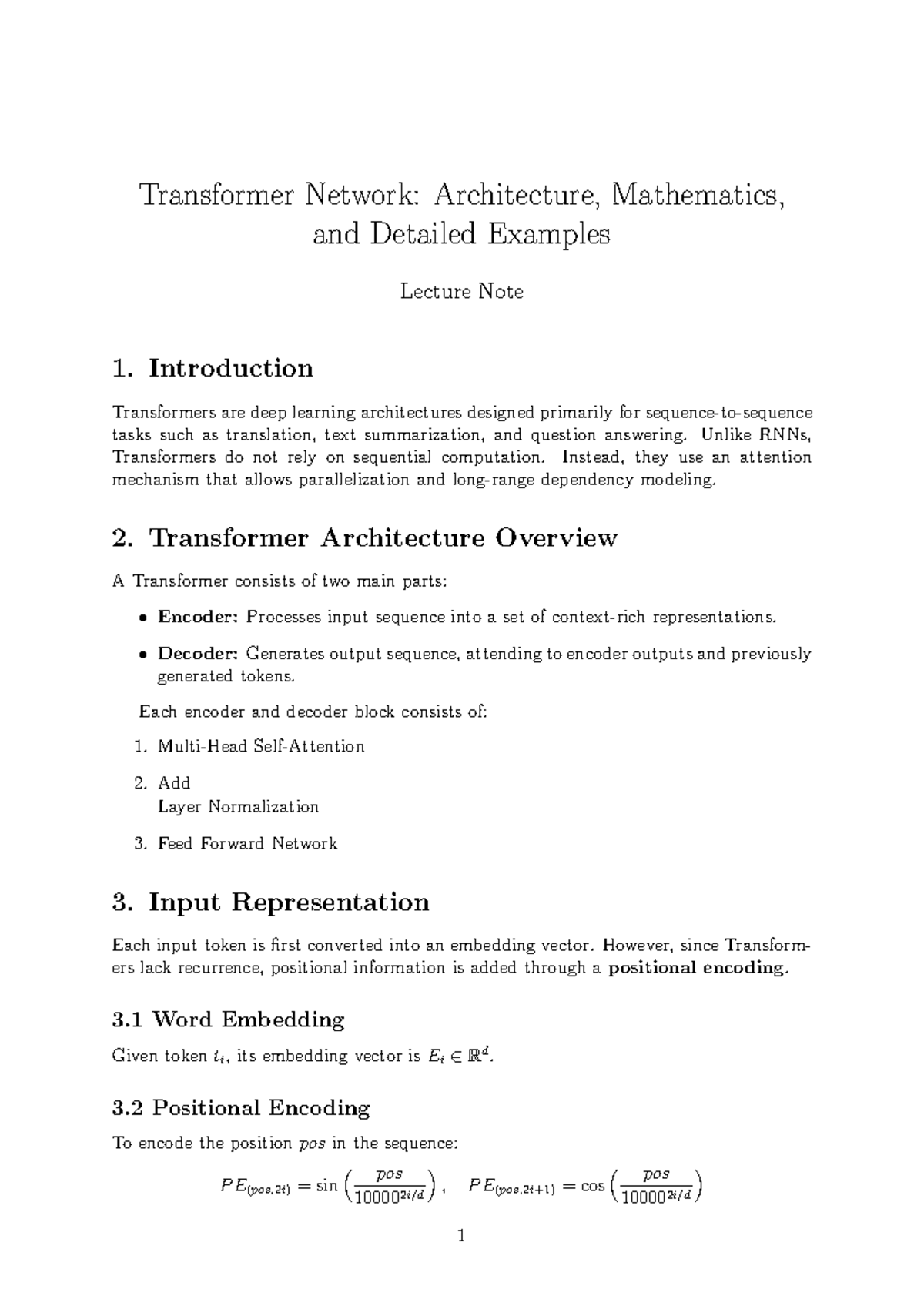 Transformer Networks: Architecture & Math - Lecture Note 1 - Studocu