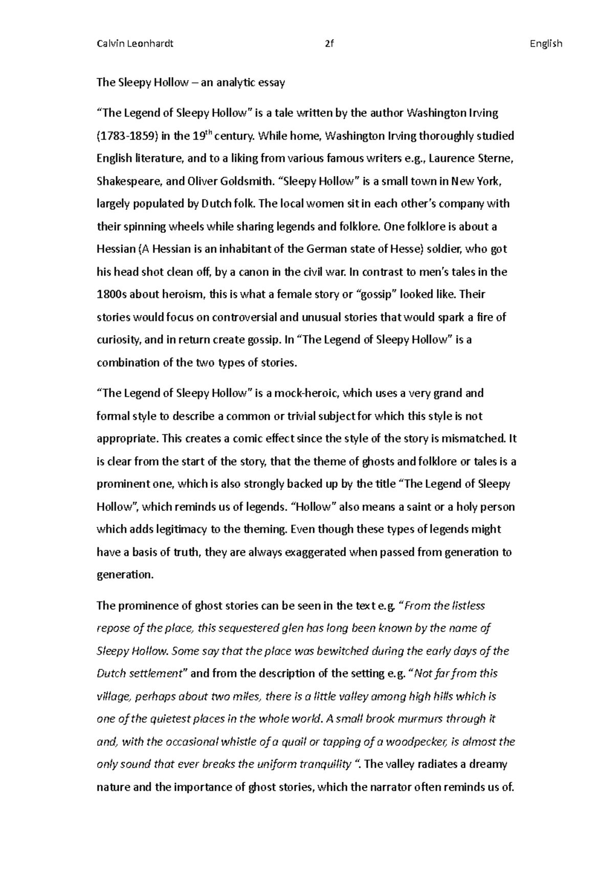 ENG 2F Essay: An Analytical Study of The Legend of Sleepy Hollow - Studocu