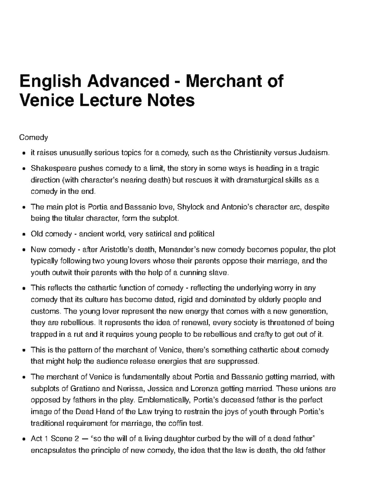 English Advanced - Merchant of Venice Lecture Notes on Comedy - Studocu