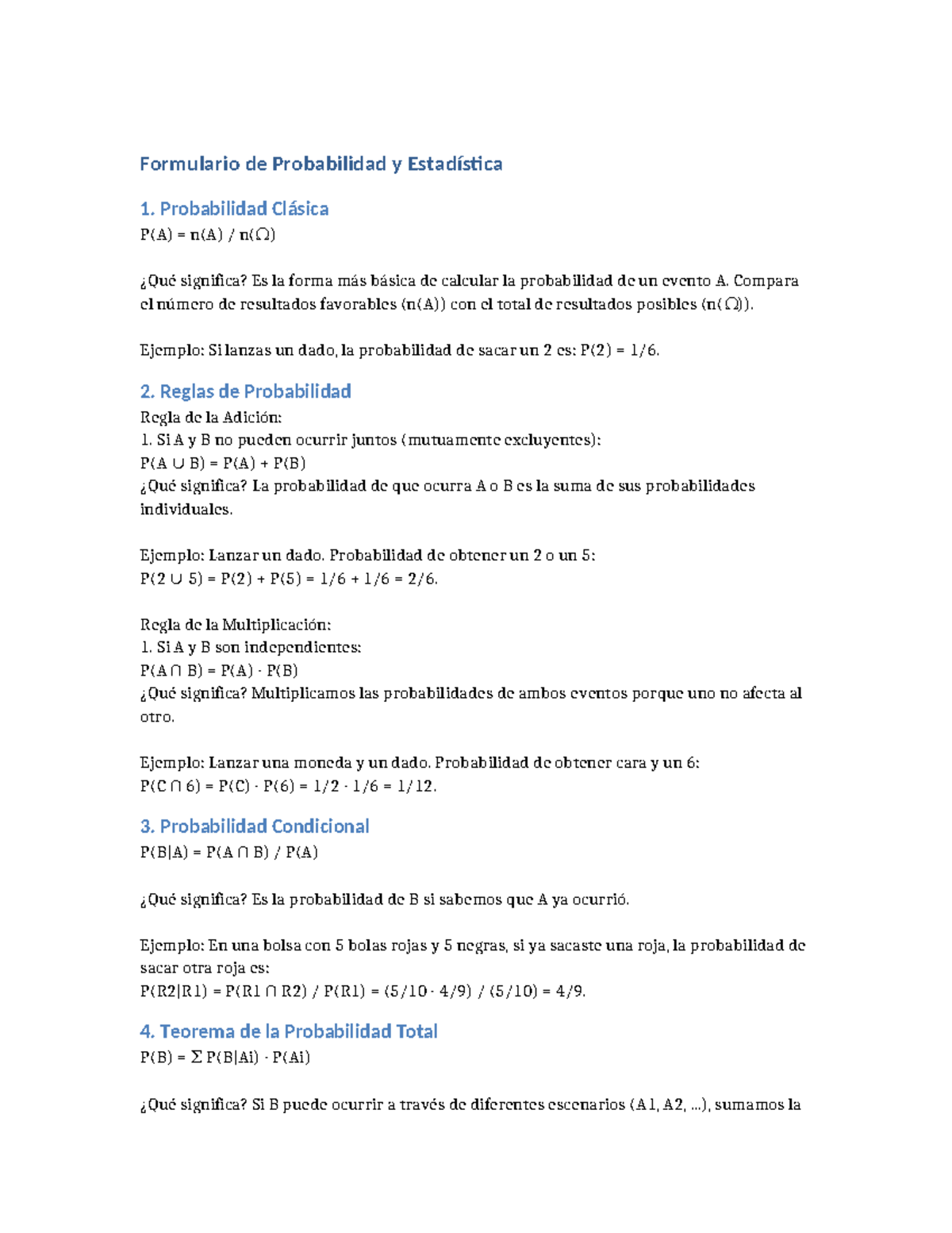 Formulario Probabilidad - Formulario de Probabilidad y Estadística 1. Probabilidad Clásica P(A ...