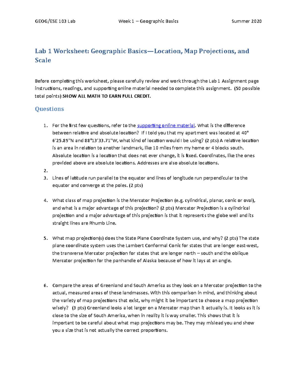 Geog 103 lab1 - lab - Lab 1 Worksheet: Geographic Basics—Location, Map ...