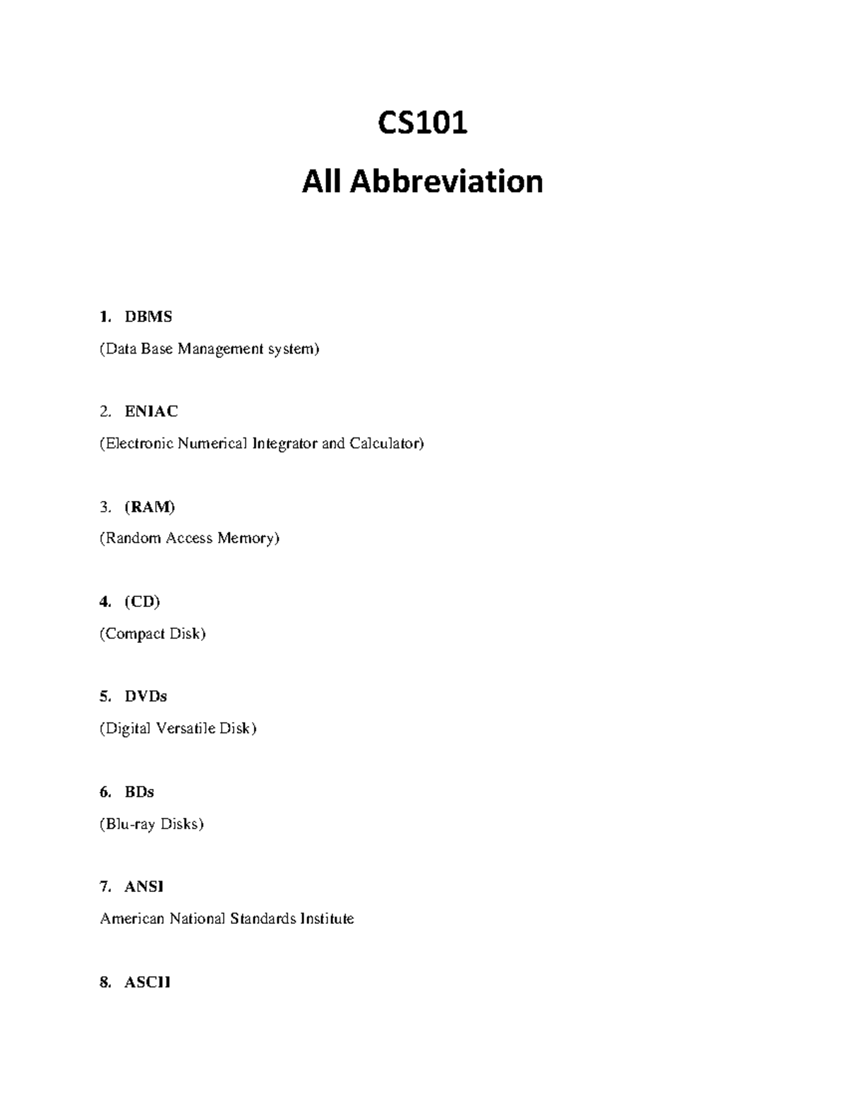 CS101 Lecture Abbreviations: From 1 to 81 Explained - Studocu