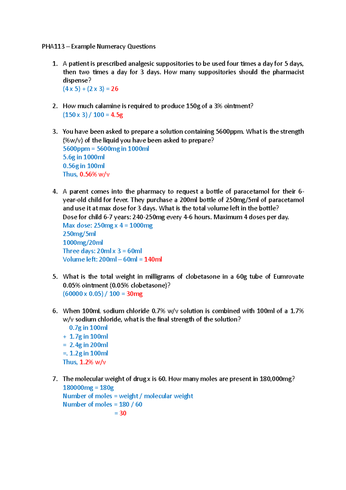 PHA113 - Numeracy Practice Questions with steps and answers - PHA113 ...