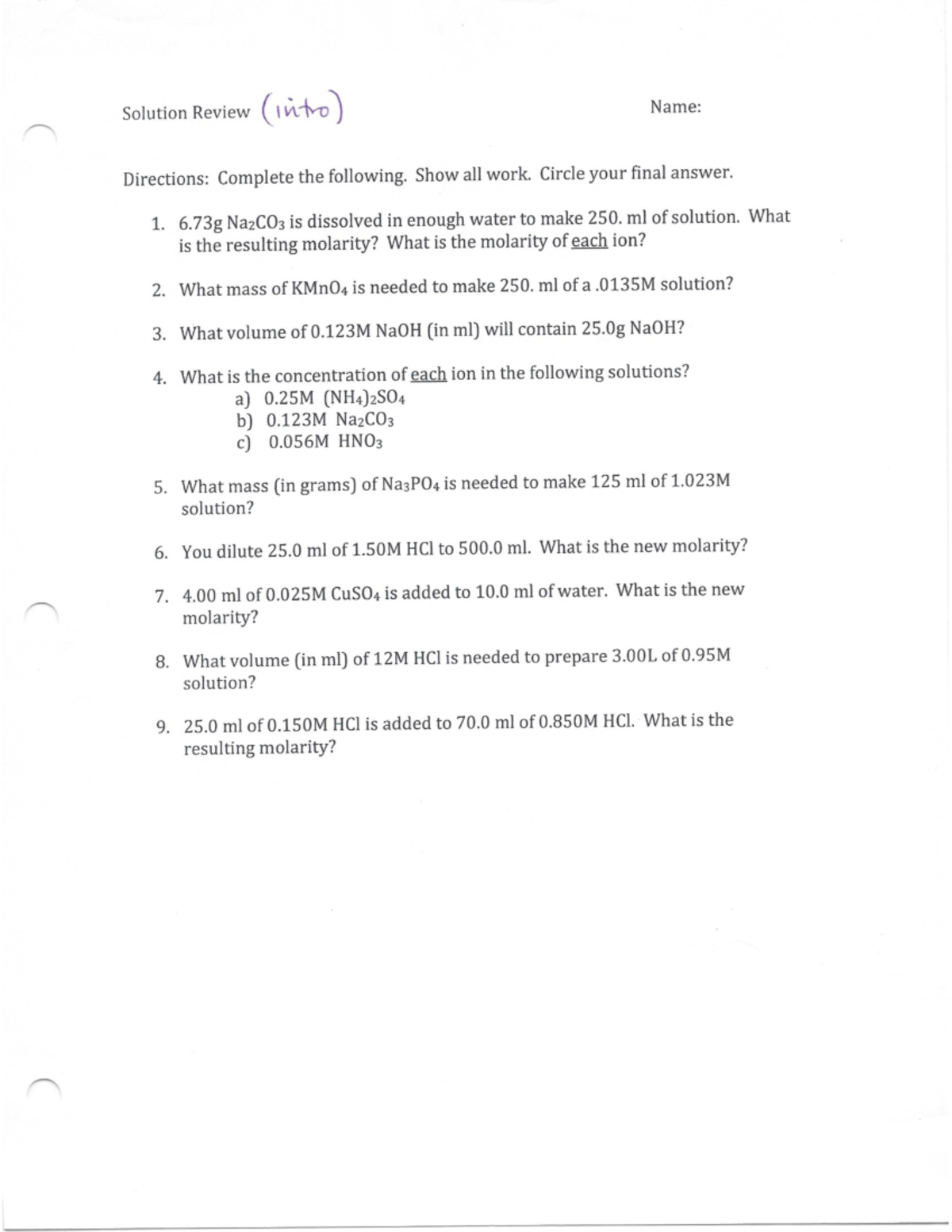 Solutions Review intro WS - Solution Review (intro) Name: Directions ...