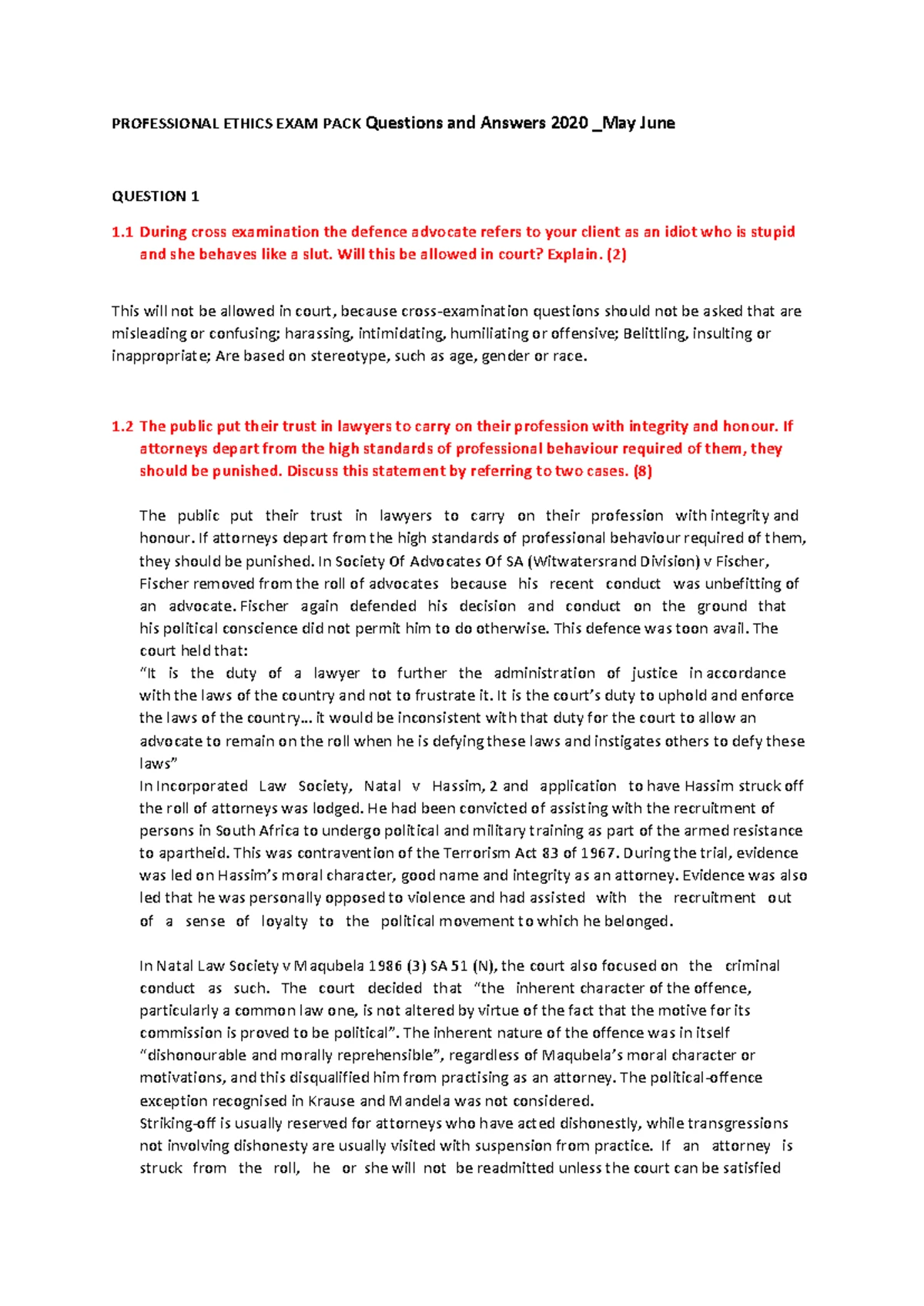 Professional Ethics EXAM Questions and Answers - PROFESSIONAL ETHICS ...