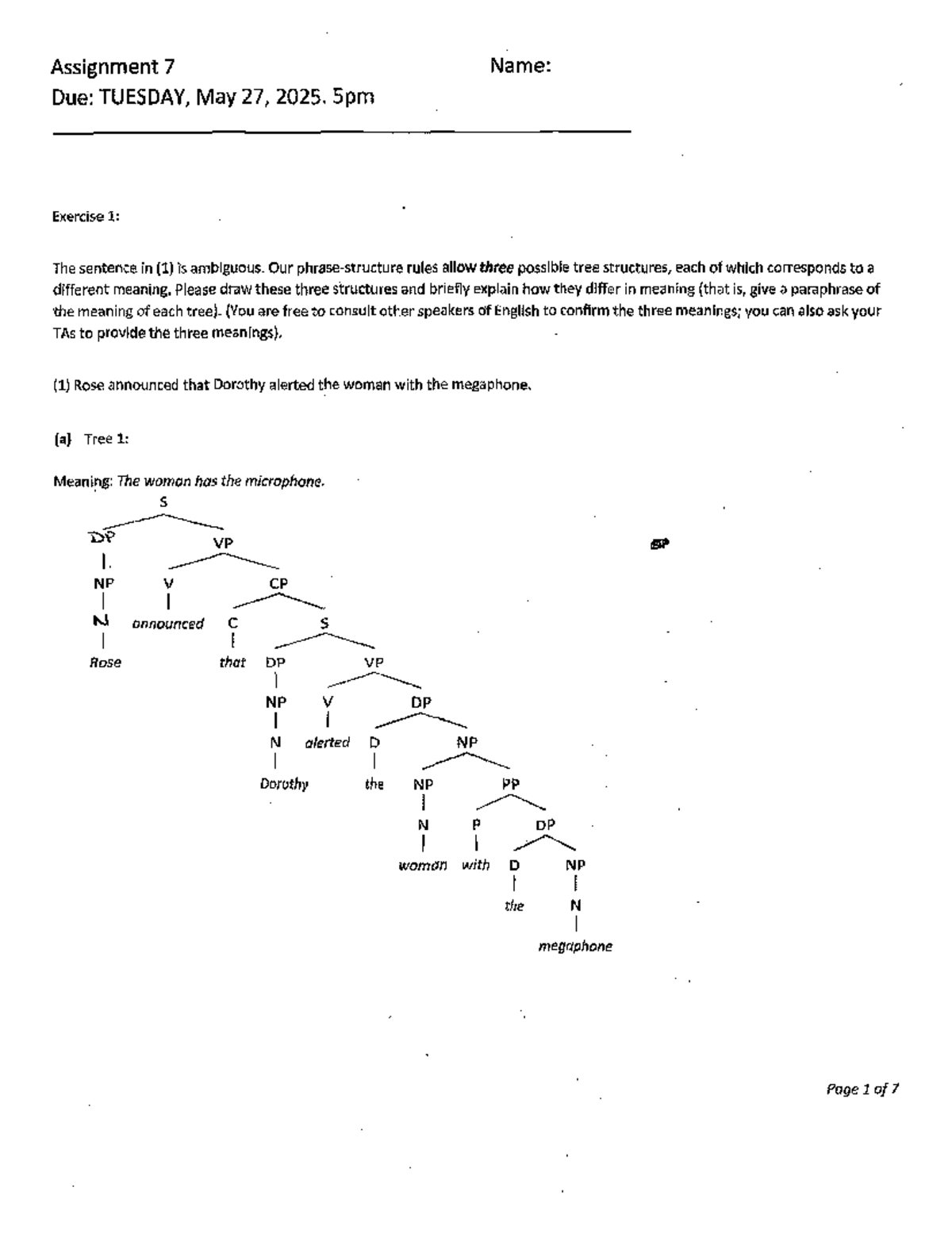 Linguistics 101: Assignment 7 - Tree Structures and Binding Principles - Studocu