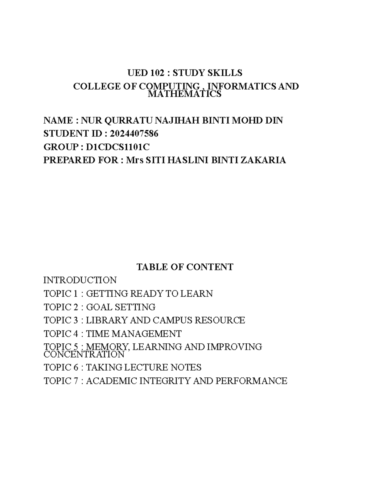 UED 102: Study Skills Portfolio for Academic Success - Studocu