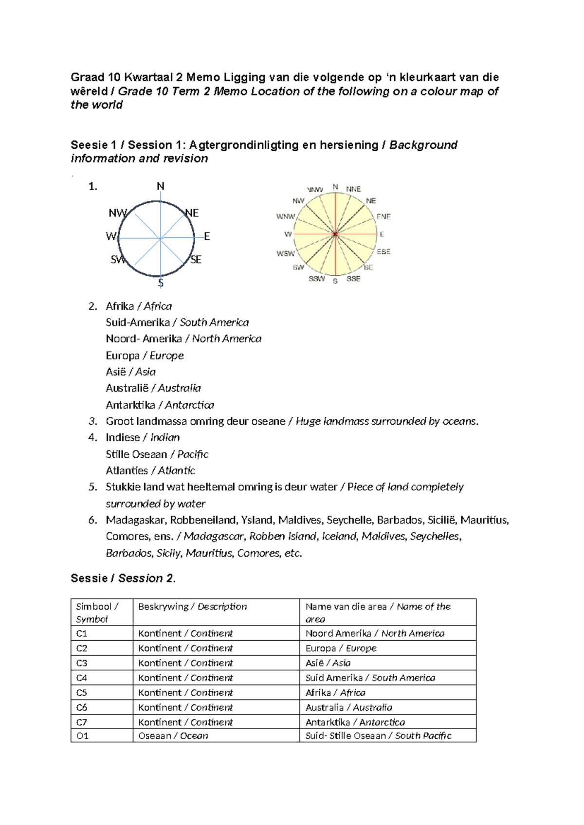 Grade 10 Term 2 Memo: World Map Location Guide - Studocu