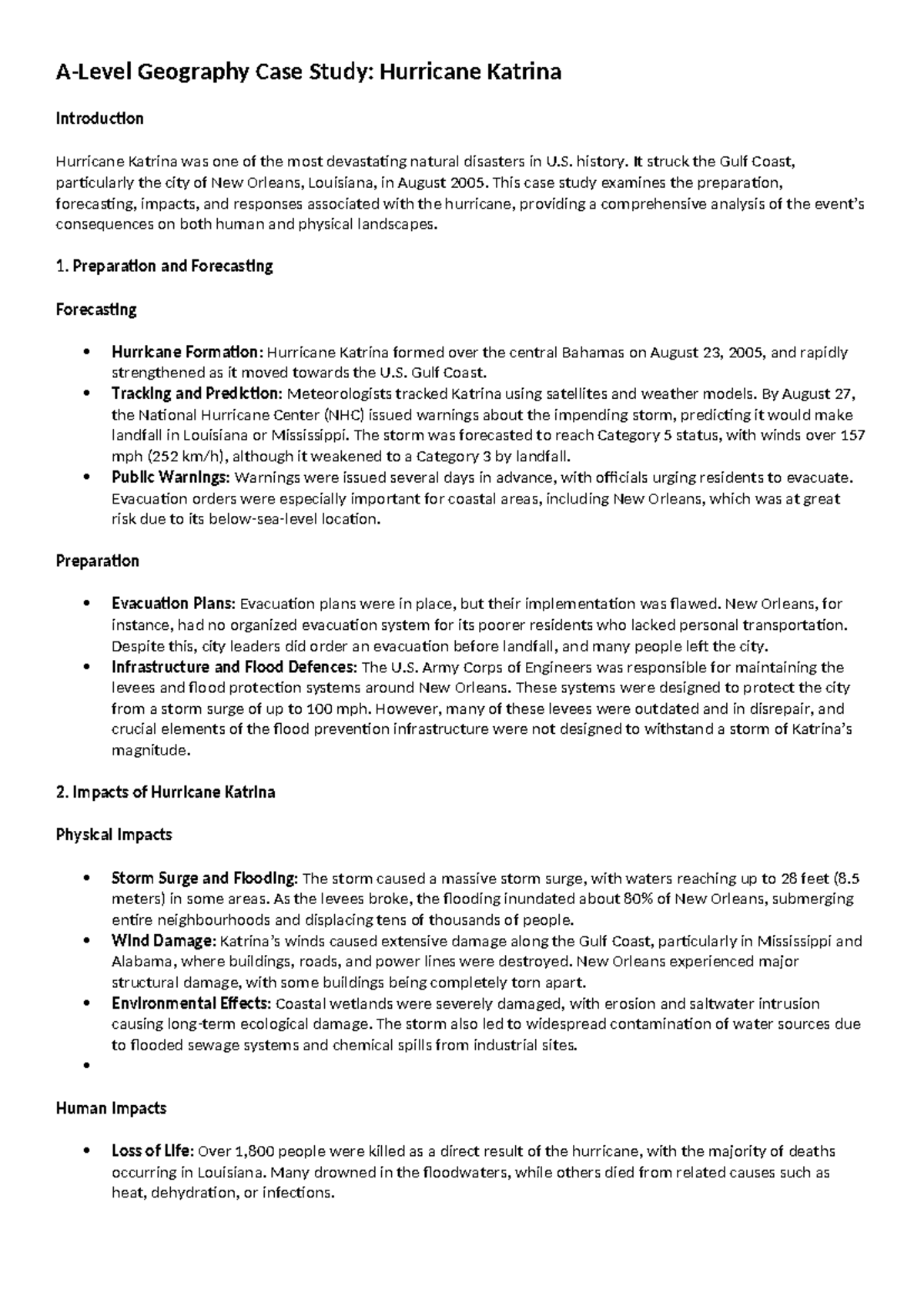 A-Level Geography Case Study: Impacts of Hurricanes Katrina & Irma ...