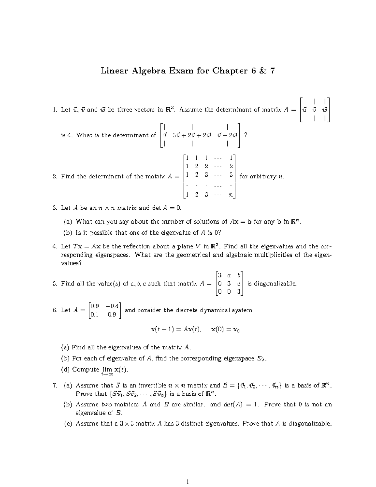 Linear Algebra Exam Practice for Chapters 6 & 7 (Final Exam) - Studocu