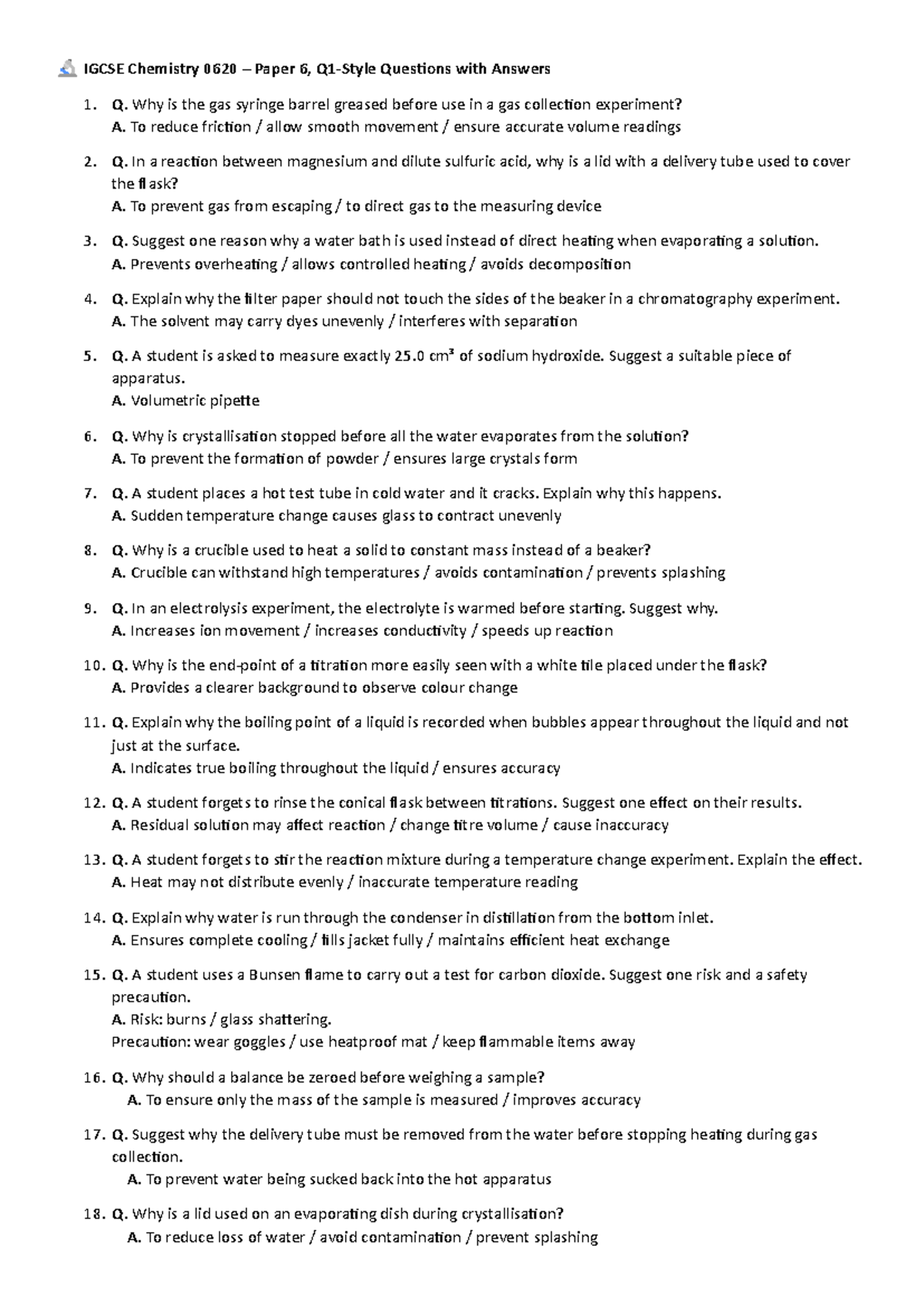 IGCSE Chemistry 0620 Paper 6: Questions & Answers Overview - Studocu