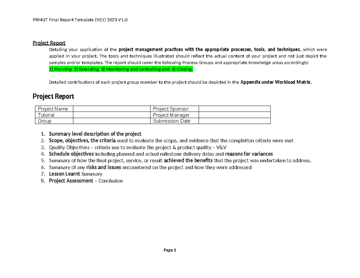 01c Final Report Template (VE1) 2023 V1.0 - Project Report Detailing ...