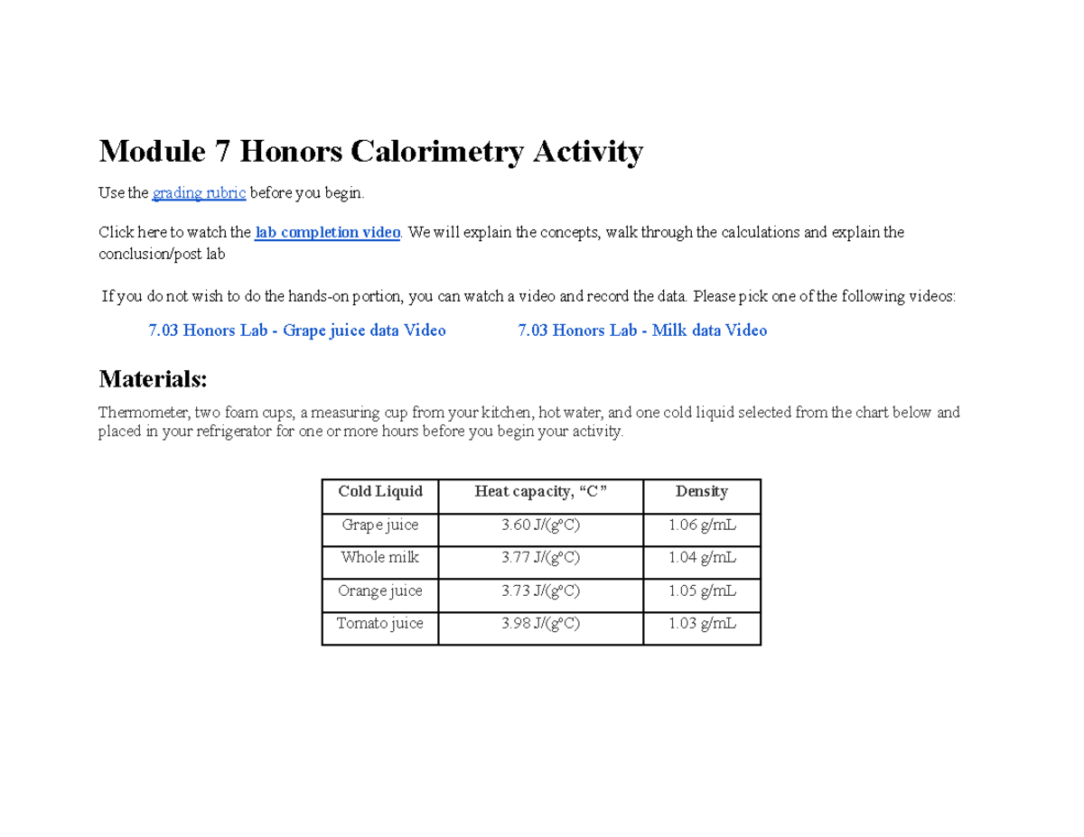 Module 7 - Honors Calorimetry Lab Activity Guide and Instructions - Studocu