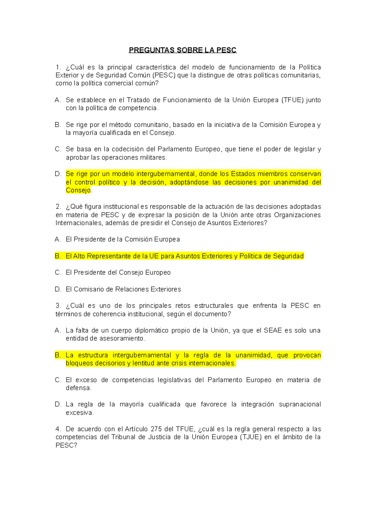 Cuestionario sobre la Política Exterior y de Seguridad Común (PESC ...