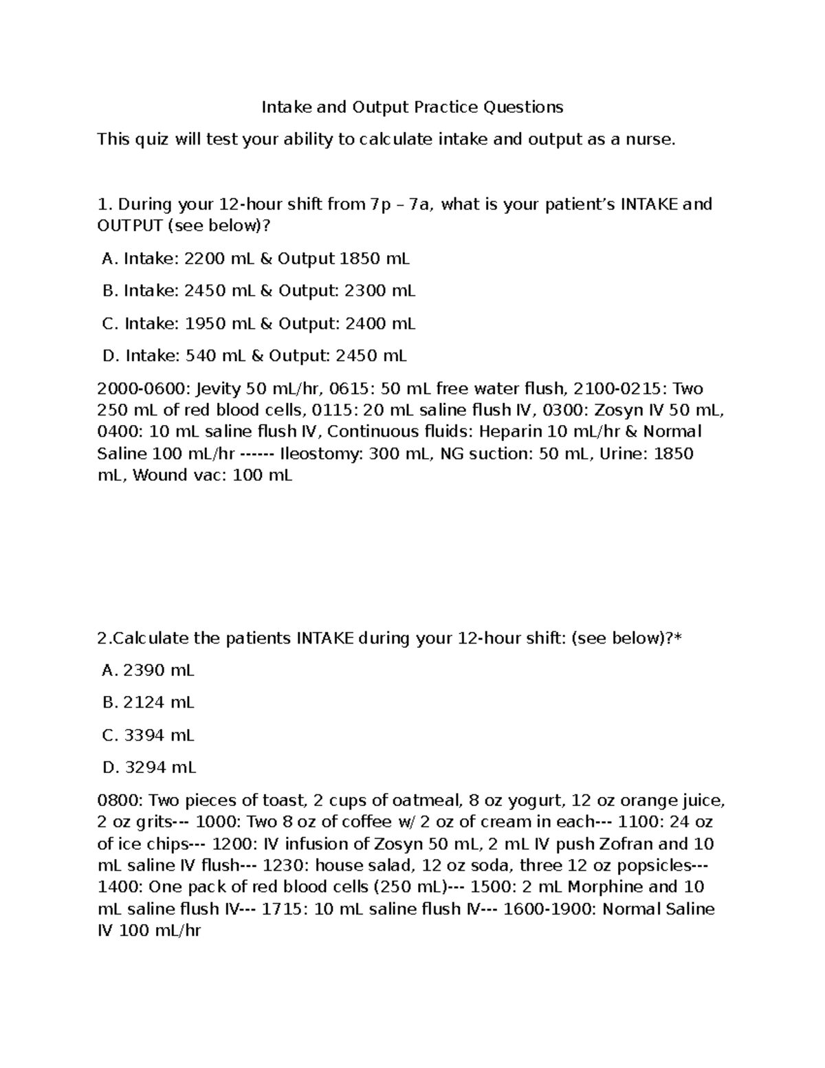 NUR 101: Intake and Output Calculation Quiz - Studocu