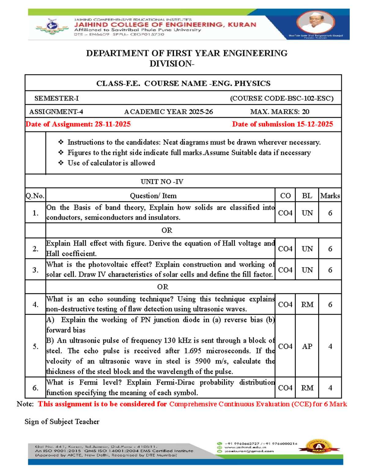 Assignment-4: Eng. Physics - Conductors, Semiconductors & Insulators ...