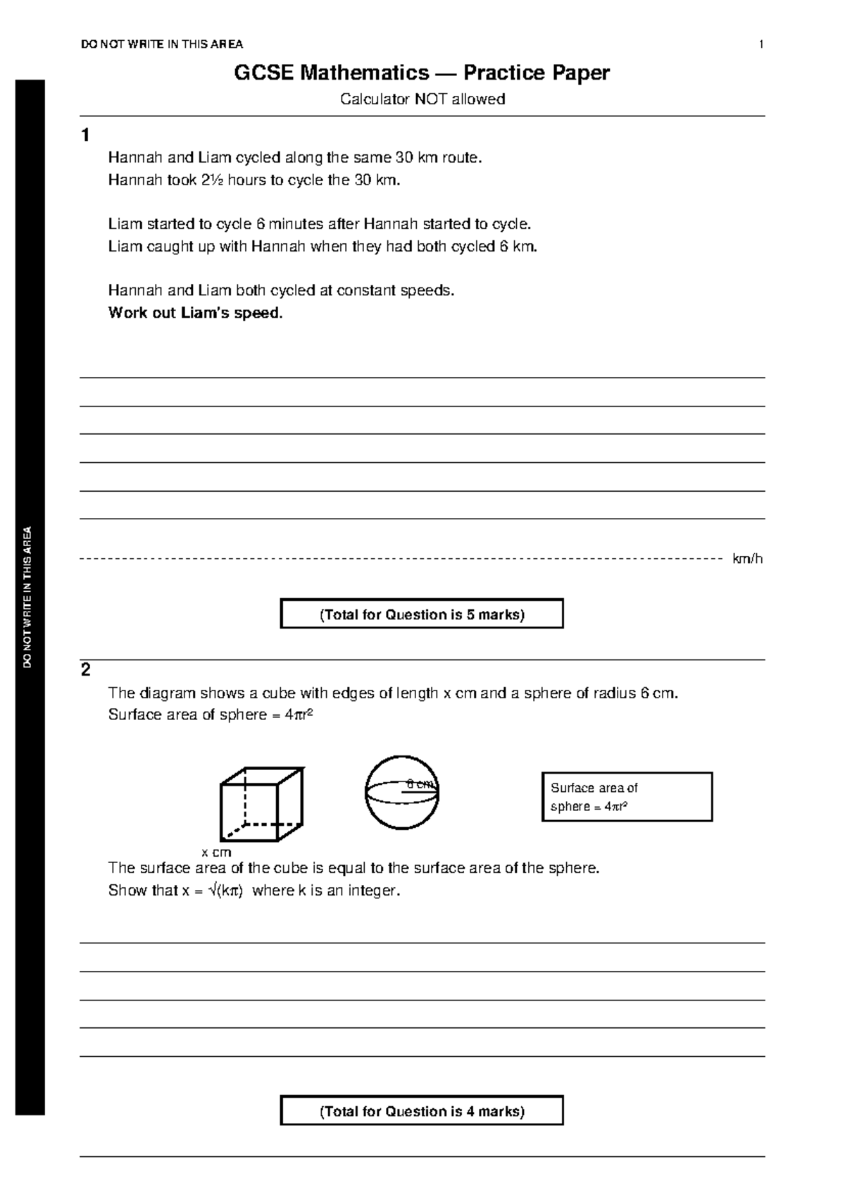 GCSE Mathematics Practice Paper: Calculator Not Allowed - Studocu