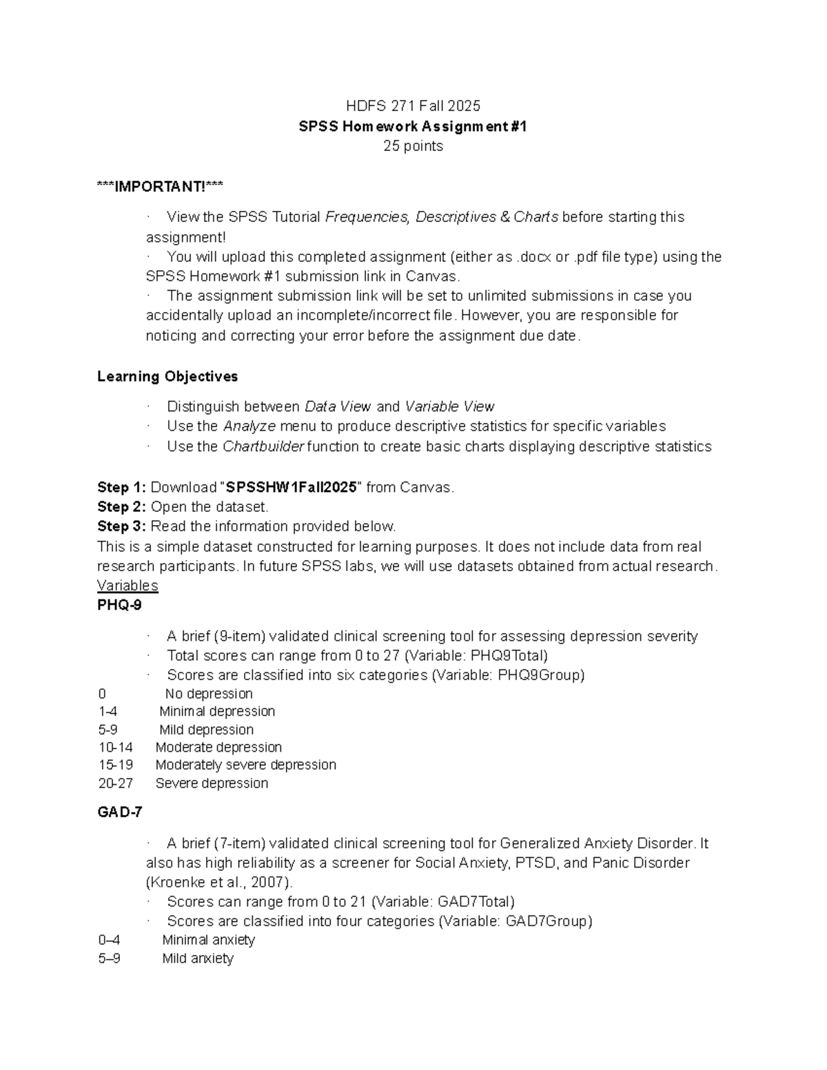 HDFS 271 Fall SPSS Homework Assignment: Descriptive Stats & Charts - Studocu