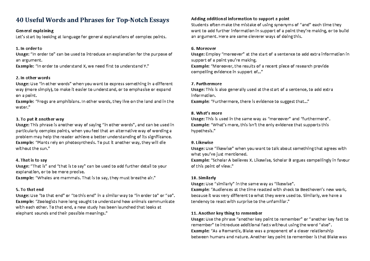 40 Useful Words and Phrases for Top-Notch Essays - In order to Usage ...