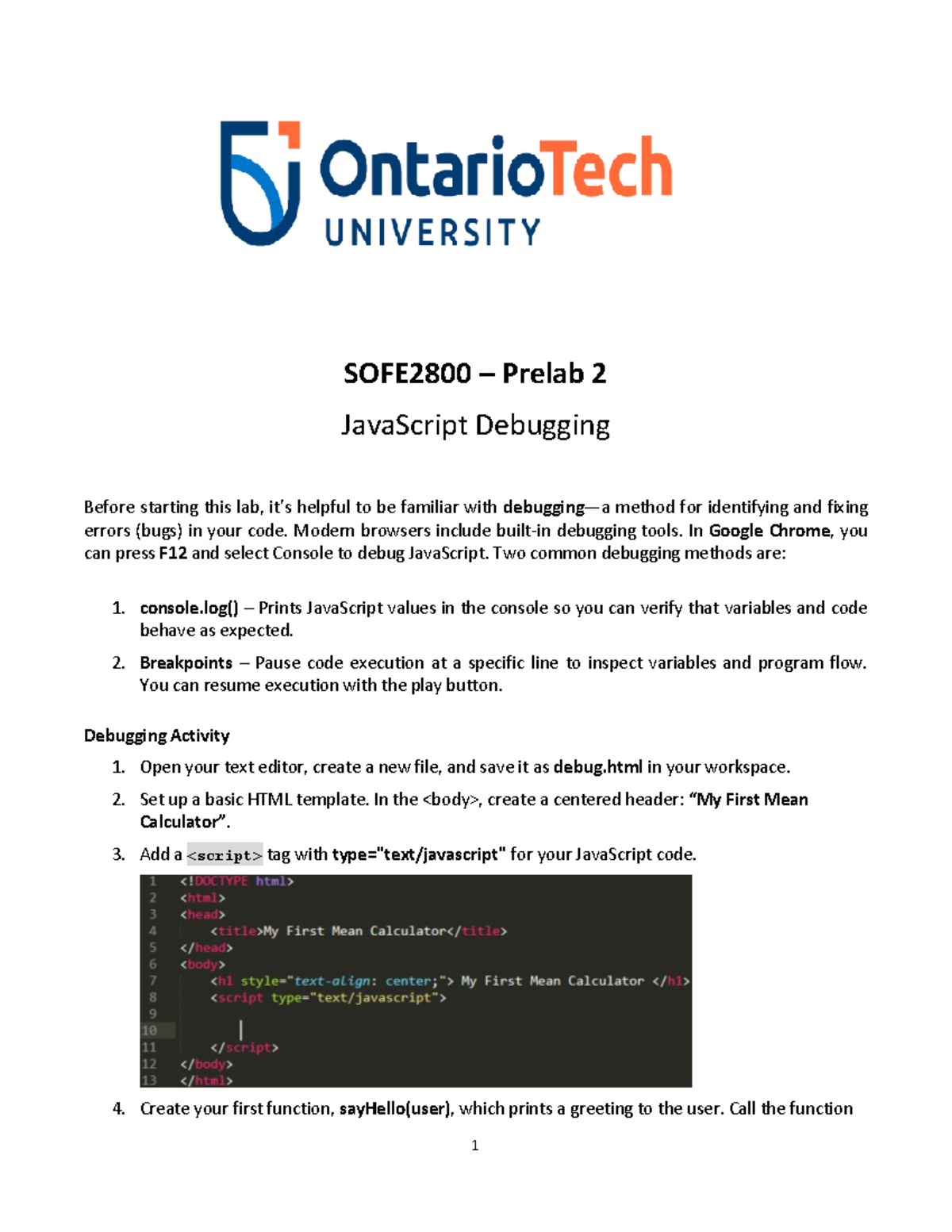SOFE2800 Prelab 2: JavaScript Debugging Techniques and Methods - Studocu