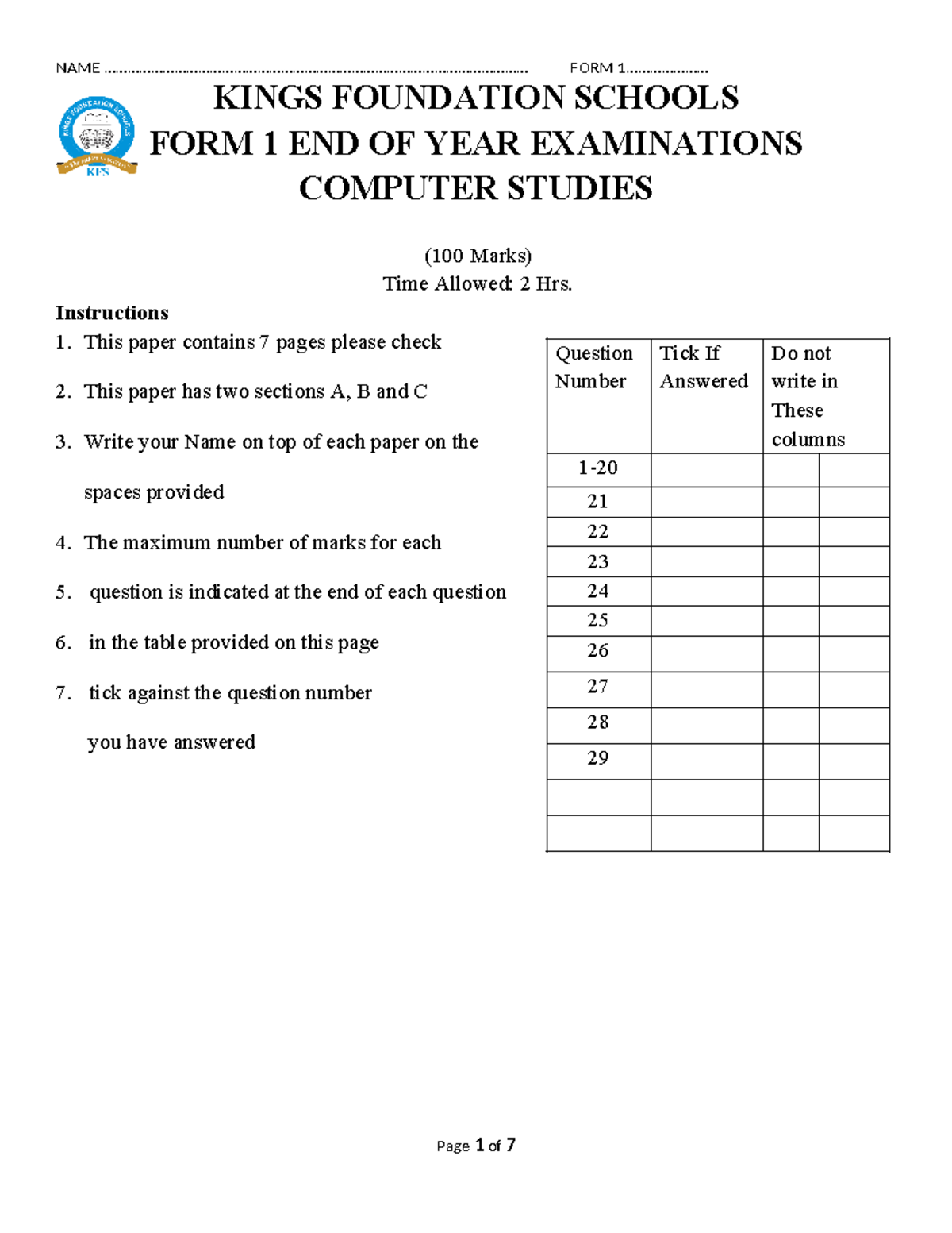 COMP FORM 1 - End of Year Computer Studies Exam (100 Marks) - Studocu