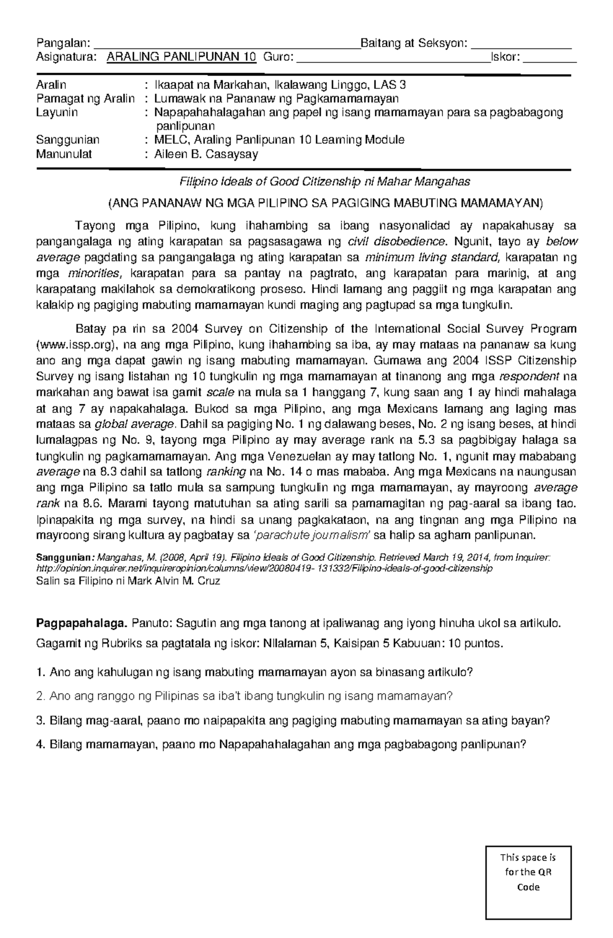 AP10 Q4 W2 LAS3 - LAS - Pangalan: ________________________________________Baitang at Seksyon ...