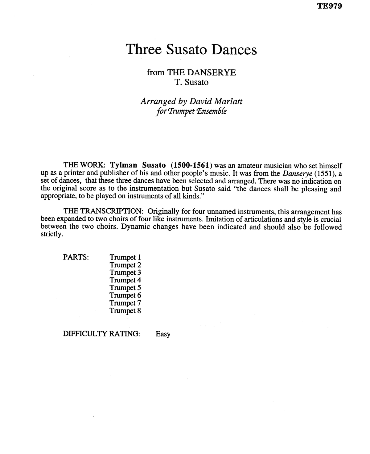 Susato - 3 Dances for 8 Instruments (4 Trumpets & 4 Parts) - Studocu